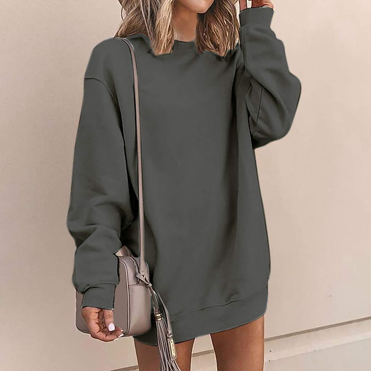 Shakumy Women Long Sleeve Elegant Tunic Dress Casual Loose Crew Neck Plain Pullover Tops Sweatshirts Sweater Dress Dress