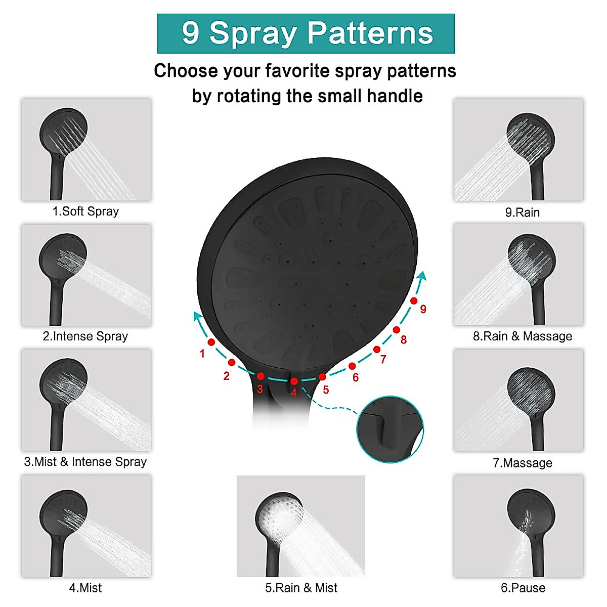 Shower Head, 8‘’ High Pressure Rainfall/Handheld Shower Combo with 11'' Extension Arm, 9 Settings, Anti-leak Shower Head with Holder, Height/Angle Adjustable, Chrome, Matte Black