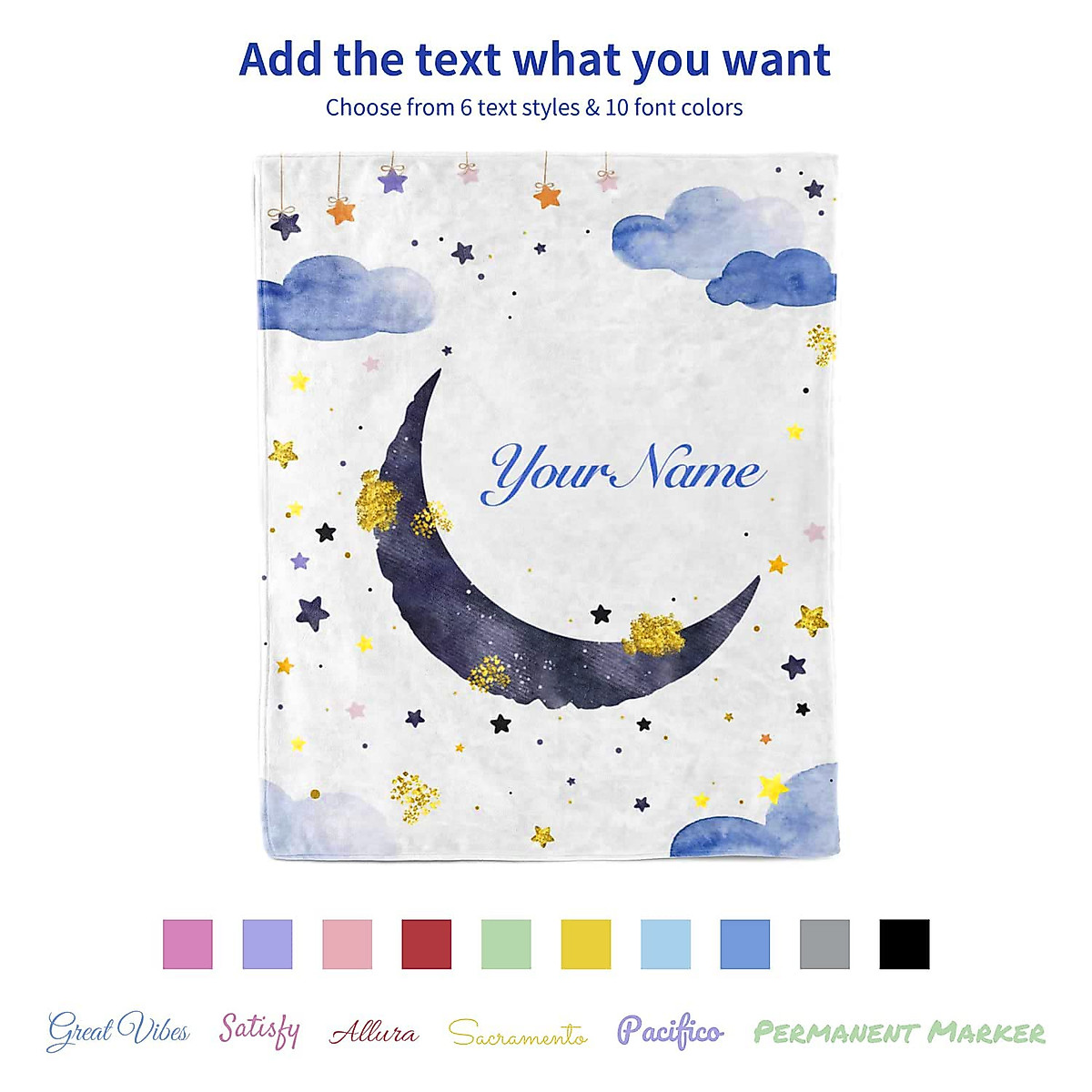 Custom Baby Blanket with Name for Boys Girls, Personalized Soft Flannel Baby Blanket, Customized Gifts for Newborn Baby Shower Kids Birthday - Blue Moon 40X50inches