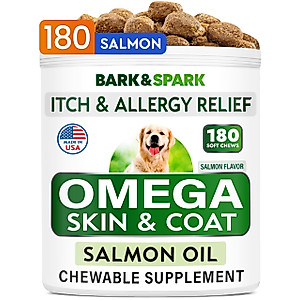 BARK&SPARK Omega 3 for Dogs - 180 Fish Oil Treats for Dog Shedding, Skin Allergy, Itch Relief, Hot Spots Treatment - Joint Health - Skin and Coat Supplement - EPA & DHA Fatty Acids - Salmon Oil