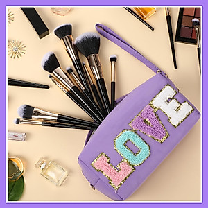 YESMET Preppy Makeup Bag, Chenille Letter Patch Cosmetic Bag, Portable Travel Makeup Organizer Bag with Wrist Strap, Nylon Waterproof Zipper Makeup Pouch Toiletry Bag for Women Girls (Purple)