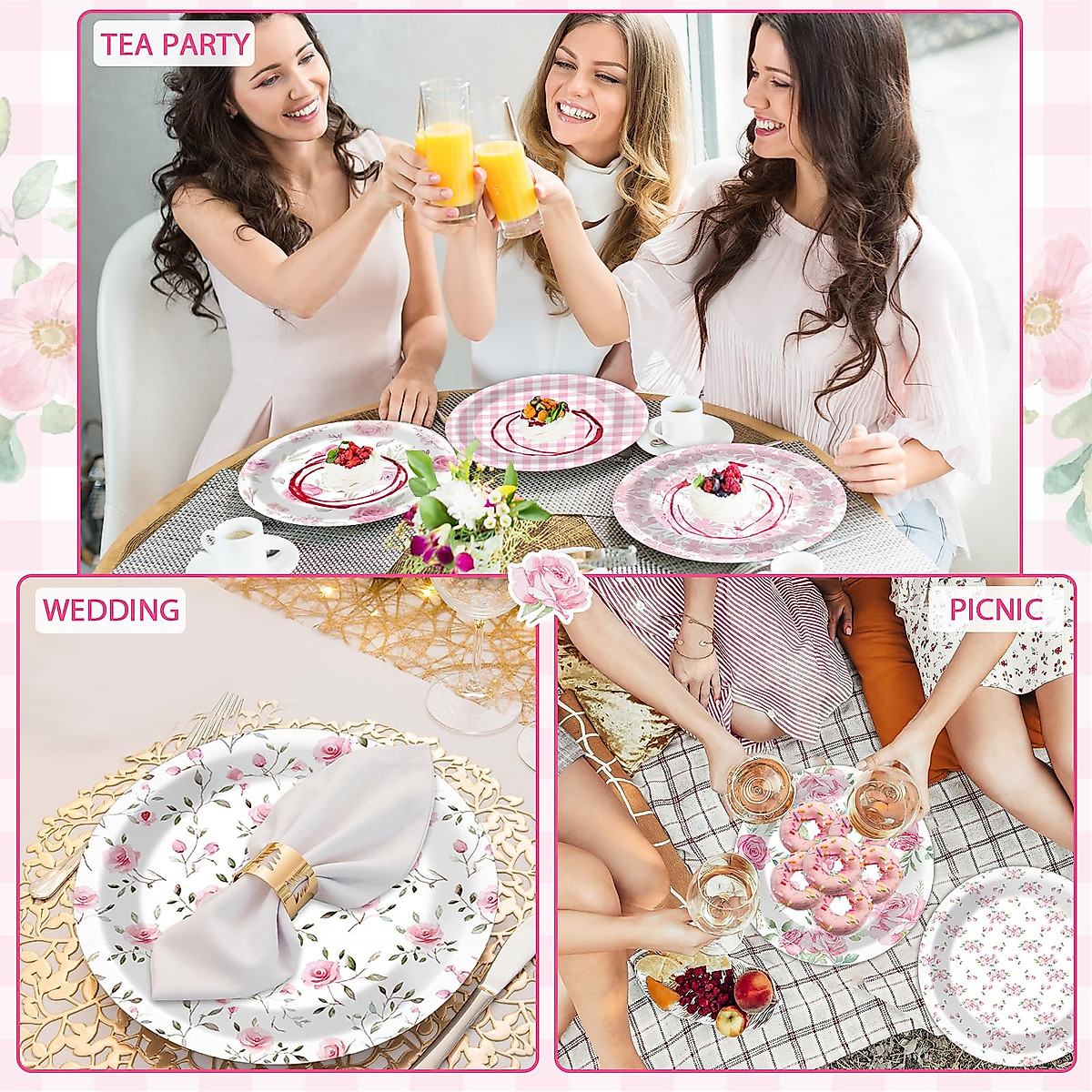 Justforjoyful 48Pcs Floral Paper Plates Pink Rose Party Decoration Disposable Vintage Flower Party Dinnerware Tableware Set Tea Party Dinner Plate for Birthday Wedding Baby Shower Party Supplies 7in
