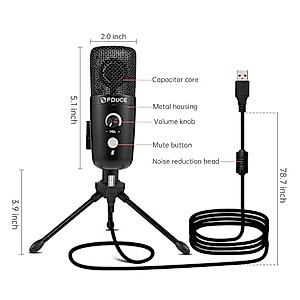 FDUCE USB Plug&Play Computer Microphone, Professional Studio PC Mic with Tripod for Gaming, Streaming, Podcast, Chatting, YouTube on Mac & Windows(Black)