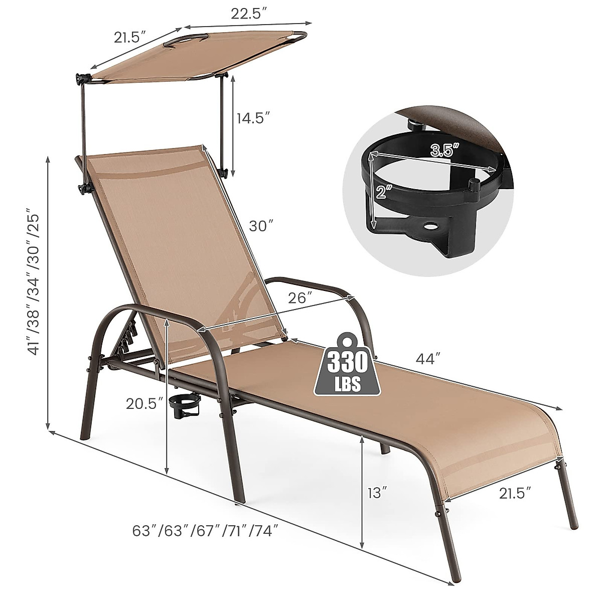 Giantex Patio Chaise Lounge Chair - Outdoor Beach Chair with Adjustable Canopy, Cupholder, 5-Level Backrest, Metal Frame Sunbathing Lounger for Outside, Poolside, Yard, Lawn Tanning Chair (1, Brown)