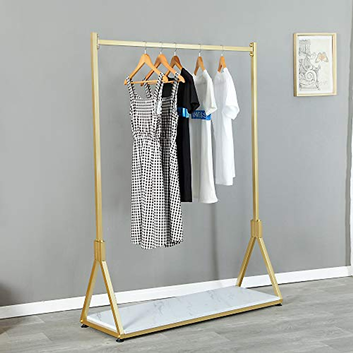 FURVOKIA Modern Simple Heavy Duty Metal Rolling Garment Rack with Wheels,Retail Display Clothing Rack with Wood, Single Rod Floor-Standing Hangers Clothes Shelves (Gold, 47.2 L)
