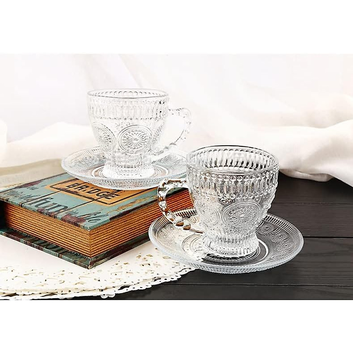 cosnou Vintage Glass Tea Cups with Saucers, Glass Mugs 7 Oz Set of 6 Espresso Coffee Embossed Glassware with Handle, for Cappuccino, Latte, Cereal, Yogurt, Beverage Hot/Cold, Milk…