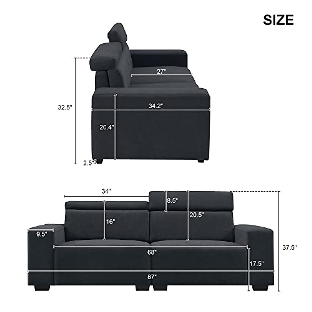 Sofa Couches,87''Modern Couch for Living Room Sofa with Multi-Angle Adjustable Headrest, 3 Seater Comfy Couch Sofa,Spacious and Comfortable Velvet Loveseat (Black)