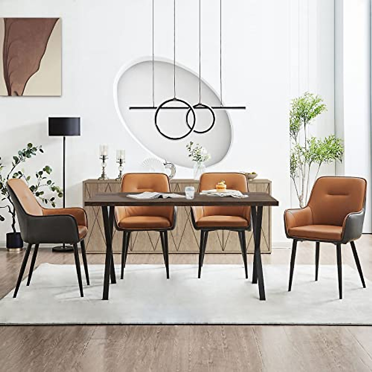 TUKAILAI Modern Accent Chairs Set of 4, Ergonomic PU Leather Upholstered Kitchen Dining Chair with Padded Seat and Metal Legs, Occasional Armchair for Leisure Lounge Reception (Brown + Grey)