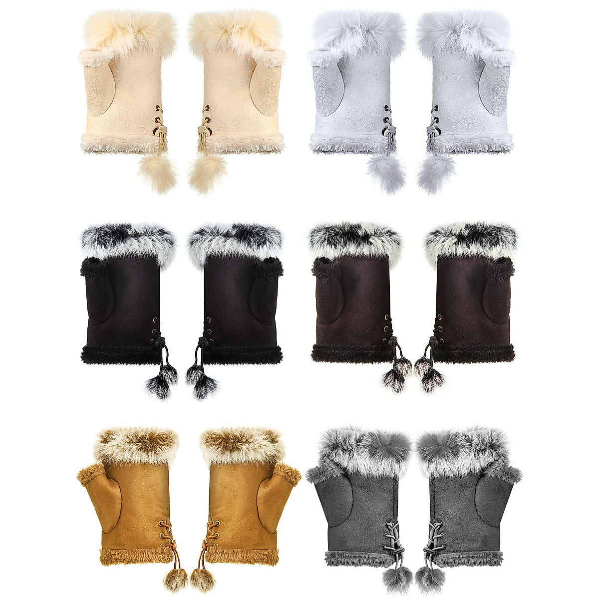 SATINIOR 6 Pairs Women Faux Rabbit Fur Gloves Fingerless Winter Gloves Mittens Warm Gloves Stretchy Hand Wrist Warmers (Classic Color)