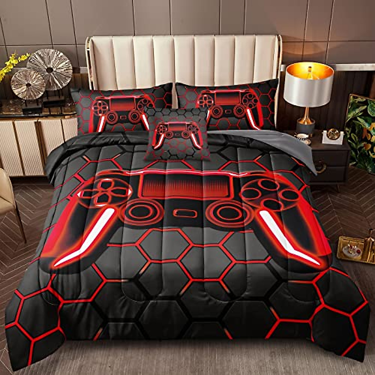 BDUCOK 6 Piece Gamer Comforter Sets Bed in A Bag for Boys Teen Kids,Honeycomb Gaming Bedding Sets Gamepad Comforter Microfiber Bed Set for All Season Gamer Home Decor(Green, 6 Piece Sets30023-Queen)
