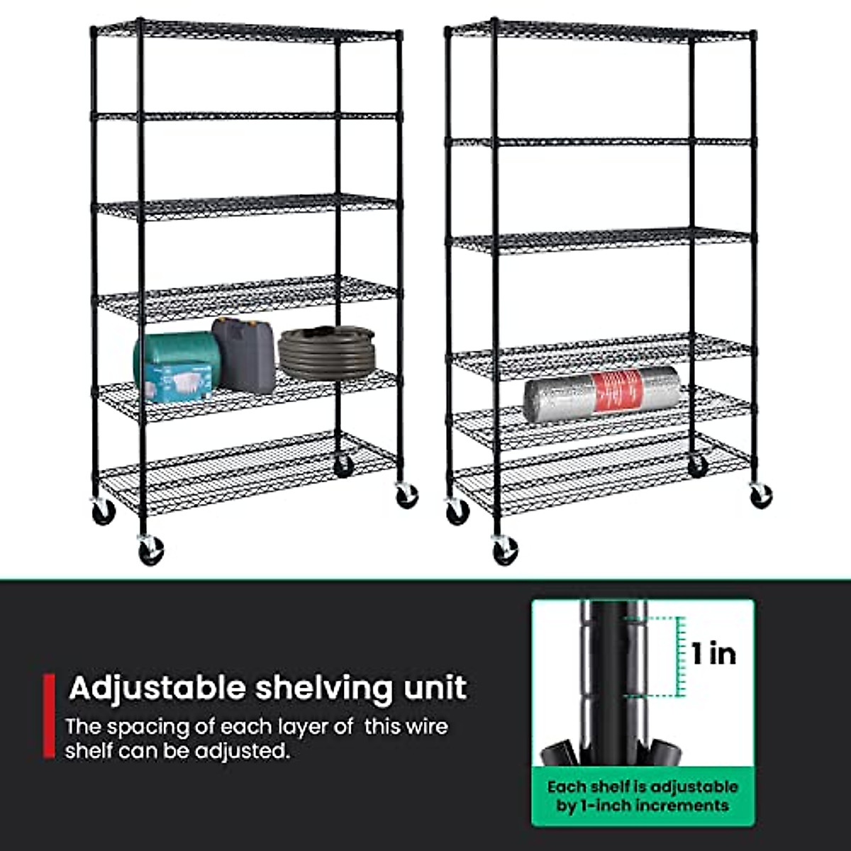 PayLessHere Commercial Grade 6 Tier Adjustable Storage Shelf Heavy Duty Metal Shelf NSF Certified Wire Shelving Unit with Wheels 6000LBS Capacity 18" D x 48" W x 72" H,Black