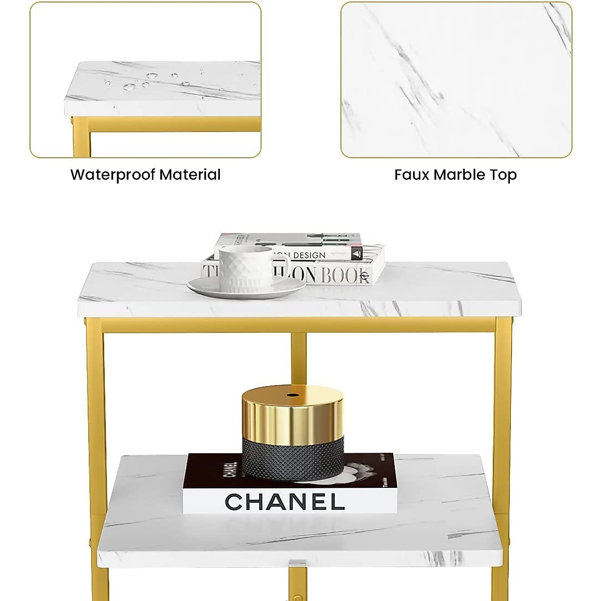 Lamerge Small End Table,3-Tier Gold Side Table,Rectangle Bedside Tables/Nightstand,Marble Coffee Table Corner Table w/Metal Frame,Small Table for Bedroom, Small Spaces,White+Gold