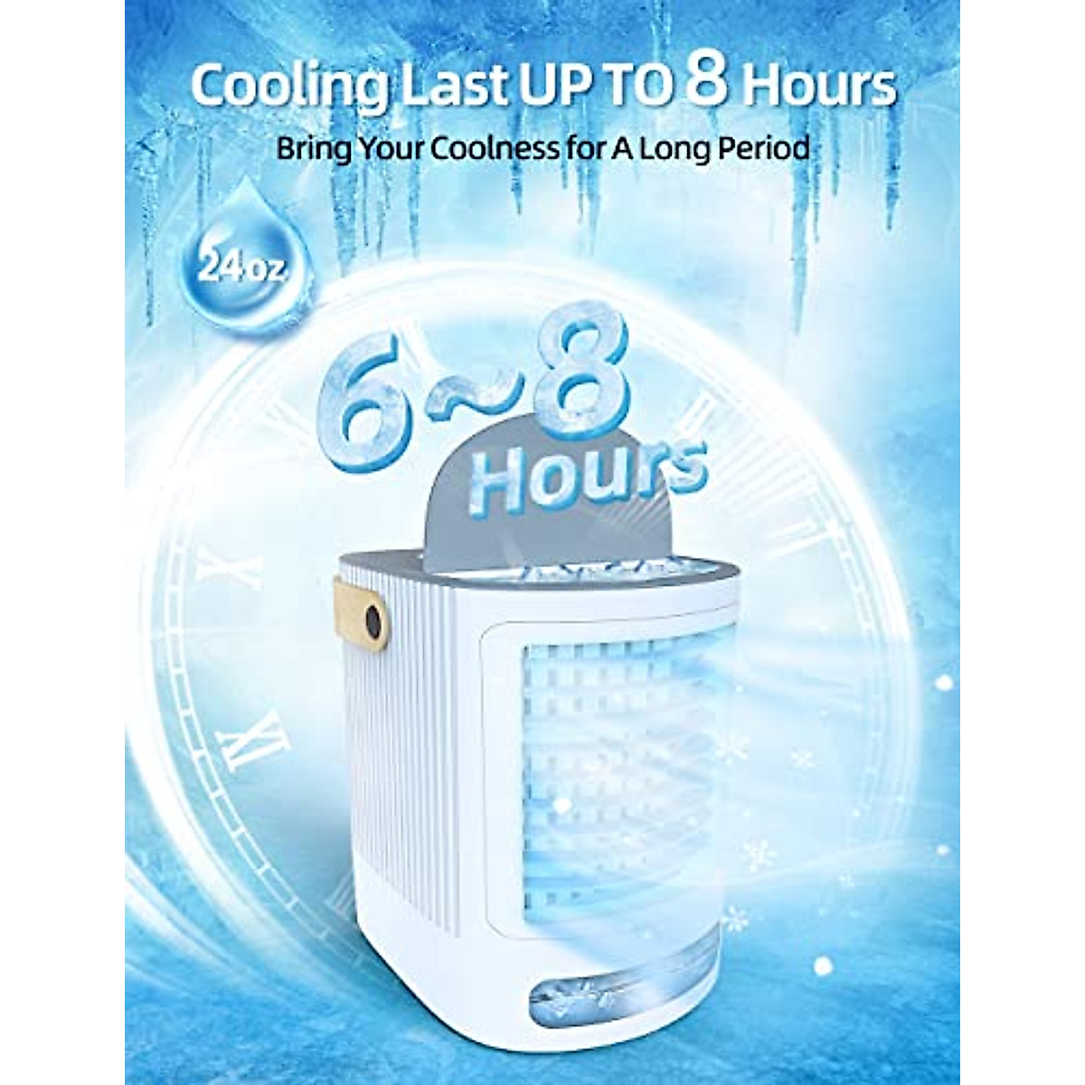 3-IN-1 Portable Air Cooler, USB Powered Desktop Cooling Fan, 3 Levels Spray Humidify & 3 Speeds Personal Air Conditioner Fan w/8 Night Light Modes, Evaporative Air Cooler for Small Room/Office/Camping