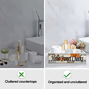 Lnond Rustic Bathroom Decor Box, Bathroom Toilet Tank Tray Storage Basket, Hello Sweet Cheeks Bathroom Wooden Toilet Paper Basket with Handle, Orange