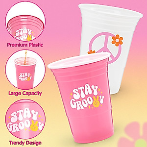 Nefelibata Retro Groovy Party Plastic Cups 48PCS Groovy 60s 70s Party Stadium Cups Bachelorette Bridal Shower Party Favors Decorations Birthday Reusable Party Cups Supplies 15OZ