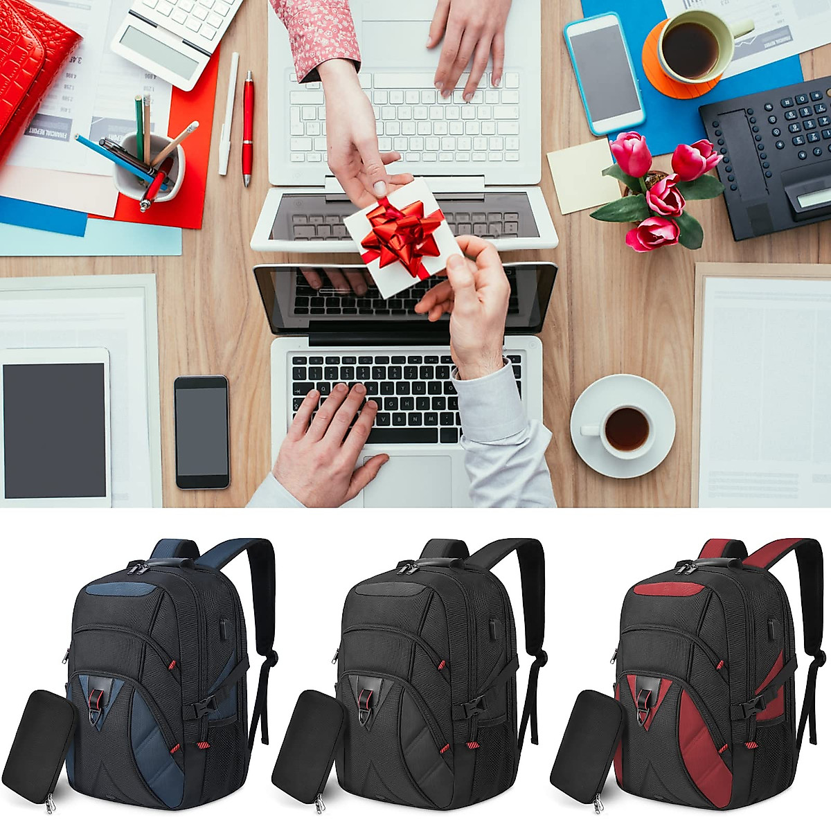 Laptop Backpack 17 Inch with Cable Organizers Large Travel Backpack for Men Women TSA Friendly Waterproof Backpack with USB Charging Port Work College Business Computer Bag for 17.3 Inch Laptop, Black