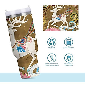 Cold Cup Oriental Deer Floral Clouds XL Insulated Tumbler with Handle Lid Straw 30-40 oz Reusable Cupholder Friendly Water Bottle