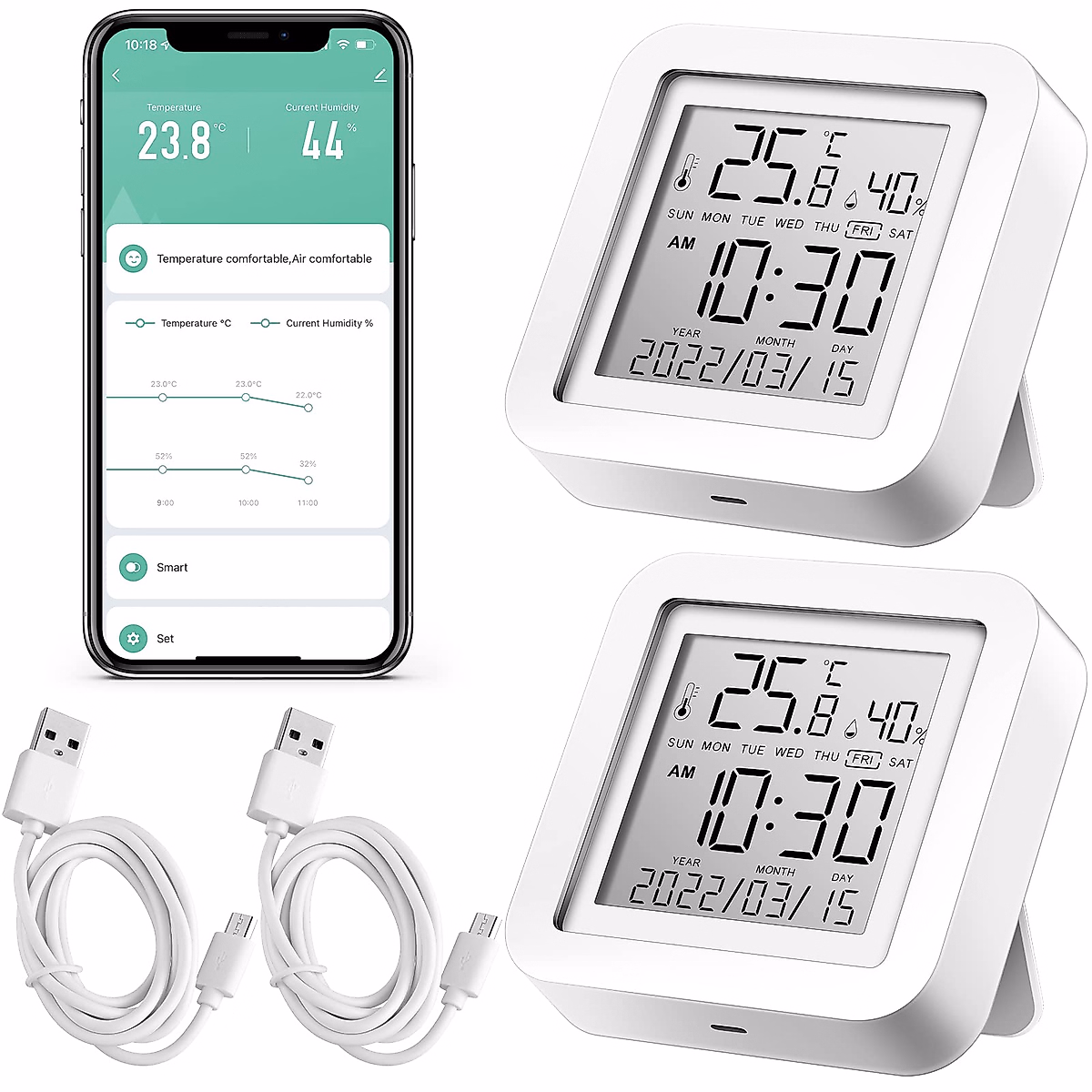Flutesan 2 Pcs Smart Wireless Temperature Monitor Humidity Monitor Wireless Hygrometer Thermometer Digital Room Compatible with APP Notification Alert and LCD Display House