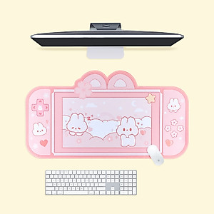 BelugaDesign Bunny Desk Pad | NS Switch Keyboard Gaming Mat Large Mat Mousepad | Pastel Pink Easter Animal Kawaii Cute Anime Desk Blotter Protector (Pink Rabbit, Large)