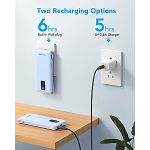 Charmast Portable Charger with Built-in Cables and AC Wall Plug, 10000mAh Ultra Slim Power Bank, External Battery Pack, Travel Accessories Compatible with iPhone 14/13, Samsung Galaxy, etc