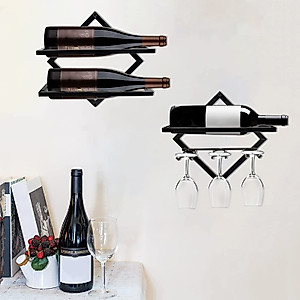 AUHOKY Metal Wall Mounted Wine Holder Stemware Glass Rack, Collapsible Hanging Red Wine Racks Organizer with 3 Stem Glass Holders, Wine Bottle Display Hanger for Home Kitchen Bar Decor