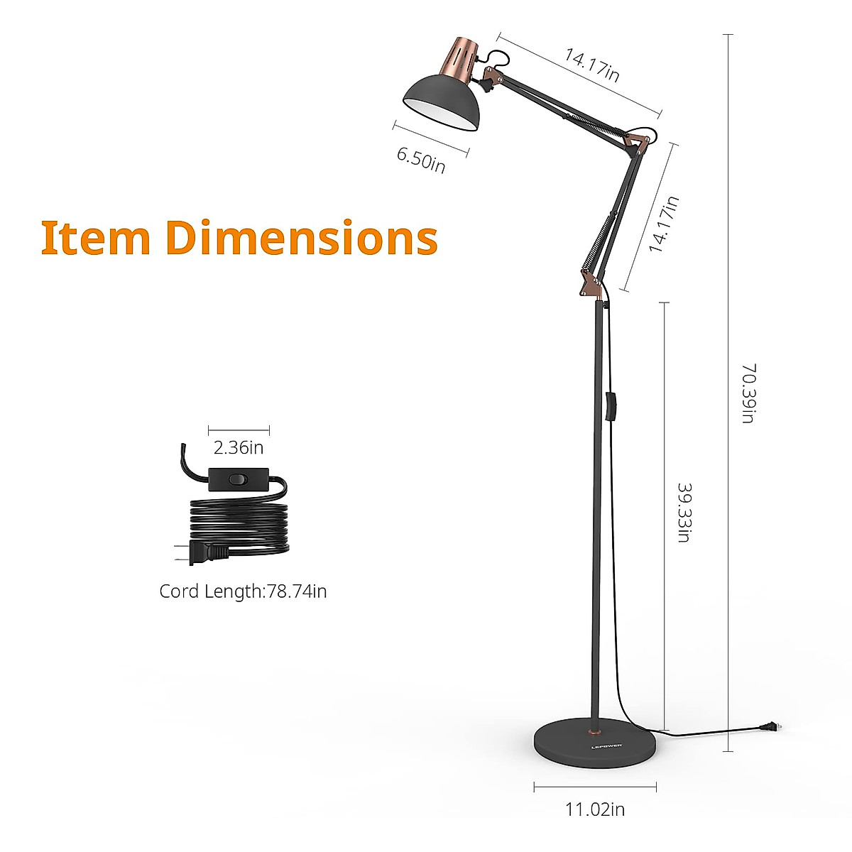 LEPOWER Metal Floor Lamp, Adjustable Architect Swing Arm Standing Lamp with Heavy Duty Base, Eye-Caring Reading/Drawing Lamp with On/Off Switch for Living Room, Bedroom, Study Room, Office
