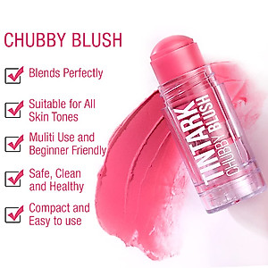 TINTARK Chubby Cream Blush Stick for Face Cheek Lip Eye, Light Translucent Color for Fair Skin, Velvet Mousse Texture, Natural Pink Magenta Peach Red Matte Makeup Blusher, Vegan Cruelty Free