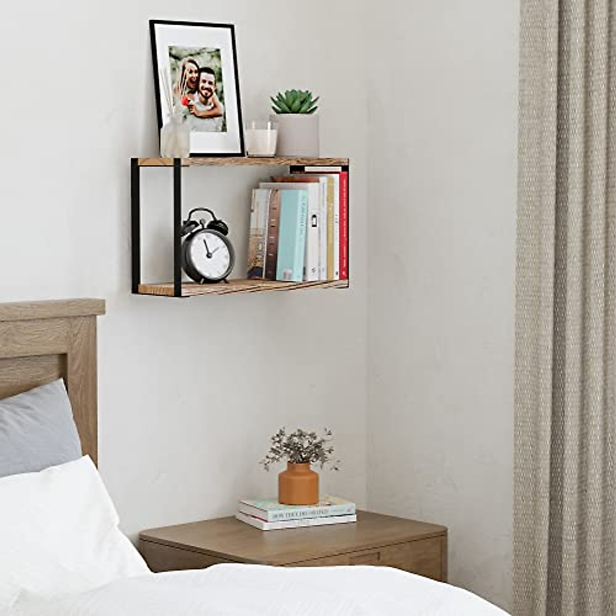 Wallniture Roca 17"x6" Bookshelf for Living Room Decor, Bathroom Organizer Shelf for Bathroom Accessories, 2 Tier Floating Shelves for Bedroom, Office, Burnt Finish