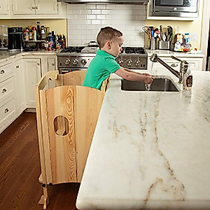 Wooden Kitchen Tower Step Stool Helper for Kids & Toddlers Christmas Holiday Baking- Stand w 3 Adjustable Heights, Safety Rail & Treads, and Kitchen Knob Protector- Folds Flat for Easy Storage
