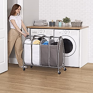 4 Pocket Laundry Hamper With Wheels by Neatfreak! - Rolling Storage Cart With 4 x Dirty Clothes Hamper Tote Bags For Towels, Blankets & Bathroom Organization - Quad Laundry Sorter - 39 x 16 x 35 in