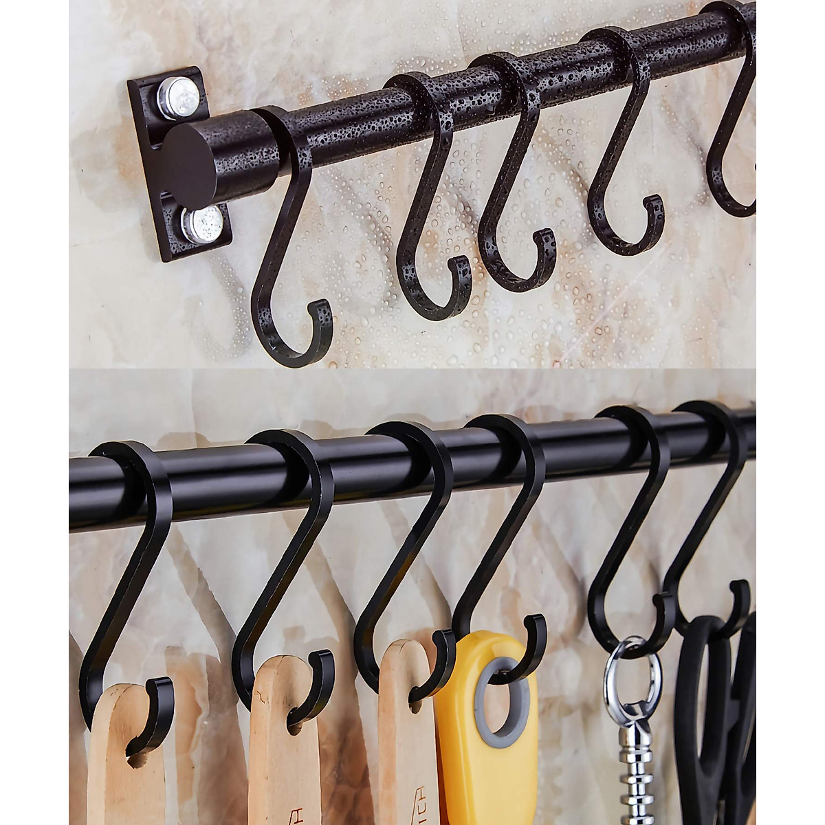 Gourmet Kitchen Utensil Rack with 6 Hooks, Wall Mounted Rail Wrought Iron Hanging Utensil Holder Rack with Removable S Hooks 16 Inch (Black-6 Hooks)