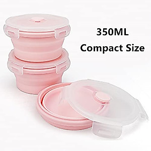 CCyanzi 3piece Round Collapsible Bowl with Lids, Silicone Food Storage Containers, Microwave & Freezer Safe, Space Saving for Kitchen Cabinet and Camping Backpack,(Pink)