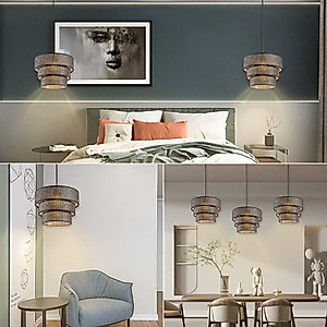 Mateyrie Plug in Pendant Light, Hanging Lamp with Dimmable Switch, Pendant Light Fixtures with 15 Ft Cord, Hanging Light with Black Rattan Shade for Bedroom, Kitchen, Living Room, Dining Table