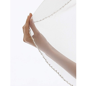 ELAWBTY Womens 1 Tier Fingertip Length Short Crystal Beaded Wedding Bridal Veil With Comb X09 Ivory