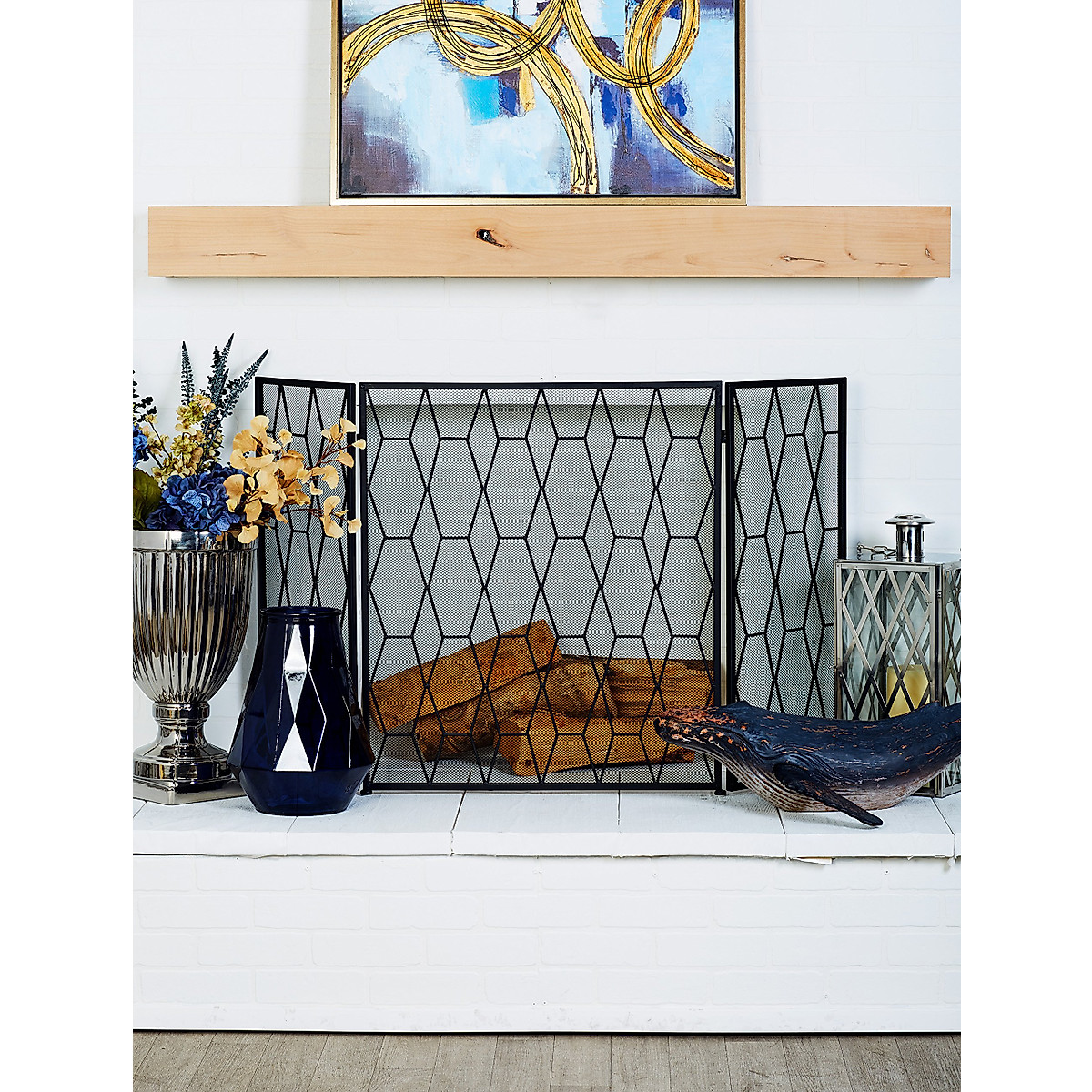 Deco 79 Metal Geometric Foldable Mesh Netting 3 Panel Fireplace Screen, 51" x 1" x 31", Black