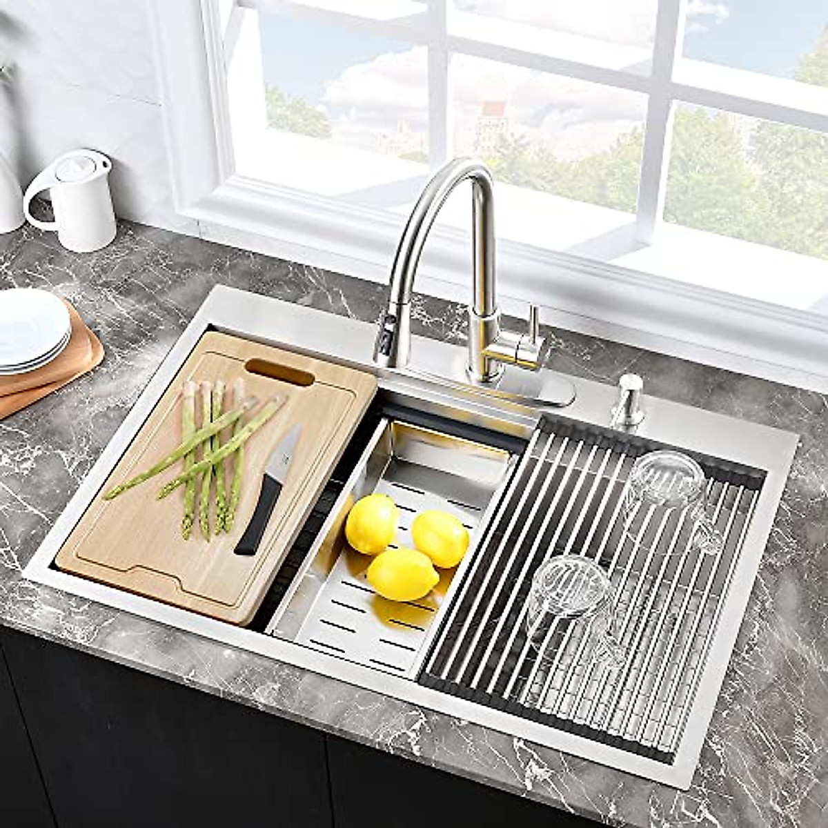33 Inch Drop In Kitchen Sink Workstation-Hovheir 33x22 Stainless Steel Topmount Double Ledges Workstation Sink 16 Gauge Deep Single Bowl Overmount