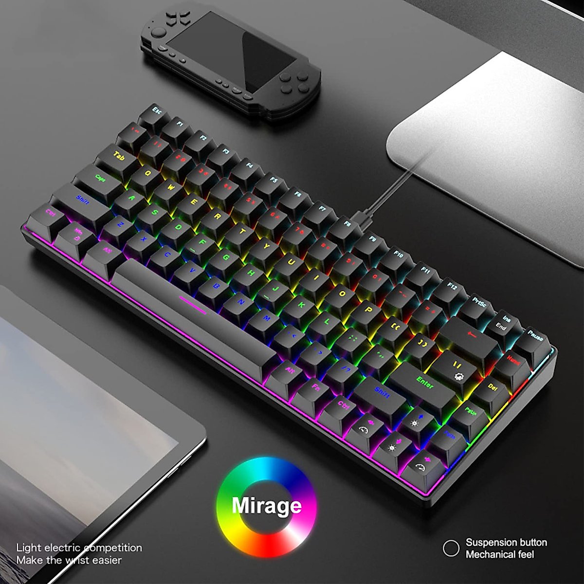 ASHATA TypeC Wired Gaming Keyboard, Portable 84 Keys Type‑C Backlight Gaming/Office Keyboard for PC/Laptop, Blue Switch (Black Blue axis Mixed Light)
