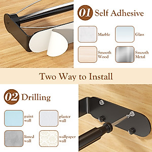 Paper Towel Holder Under Cabinet, Single Hand Operable Wall Mount Paper Towel Holder with Damping Effect, Self-Adhesive or Drilled Paper Roll Holders for Kitchen, Bathroom, RV(2 Towel Robe Hooks)