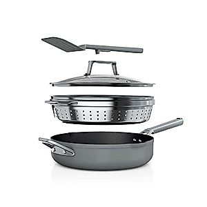 Ninja CW102GY Foodi NeverStick PossiblePan, Premium Set with 4-Quart Capacity Pan, Steamer/Strainer Basket, Glass Lid & Integrated Spatula, Nonstick, Durable & Oven Safe to 500°F, Sea Salt Grey