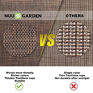 Nuu Garden 3 Piece Swivel Outdoor Bar Set, Bar Height Iron Outdoor Furniture Set with Silk Screen Glass Table, All-Weather Textilene Patio Chairs for Lawn, Backyard, Balcony, Black and Brown