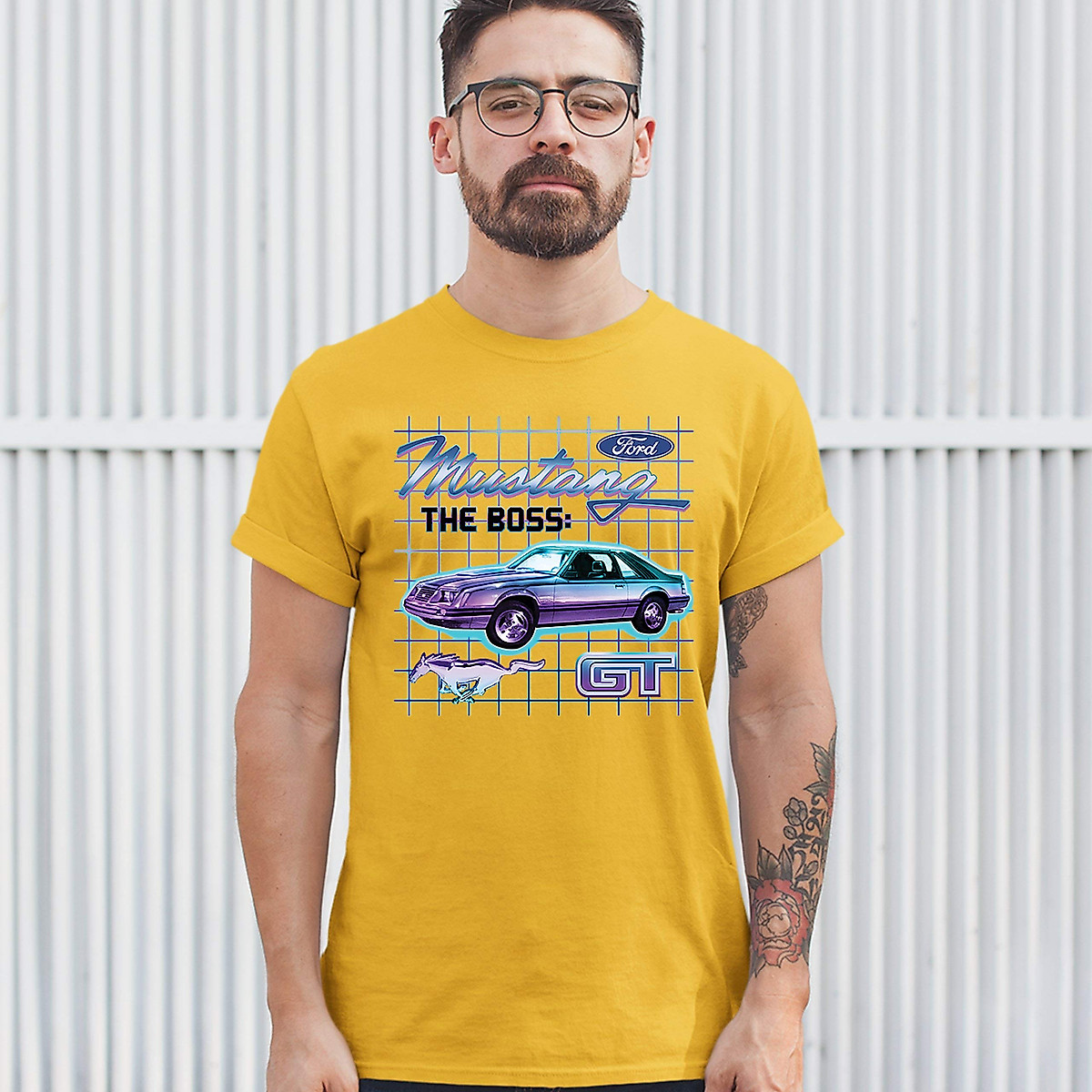 Ford Mustang GT The Boss T-Shirt Muscle Car Licensed Ford Men's Novelty Shirt Yellow X-Large