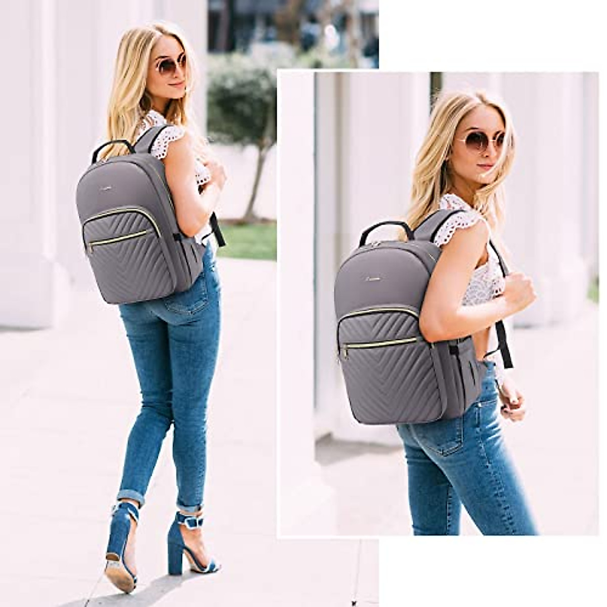 LOVEVOOK Laptop Backpack Purse for Women, Large Capacity Travel Business Computer Work Bag, Quilted Casual College Nurse Backpack for Womens, Fit 15.6 Inch Laptop with USB Port, Purple Grey