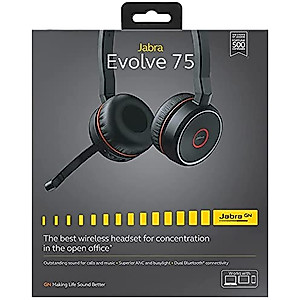 Jabra Evolve 75 Stereo Wireless Bluetooth Headset - with World-Class Speakers, Active Noise-Cancelling Microphone and All Day Battery, UC Optimized (Renewed)