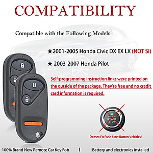 Key Fob Remote Replacement Fits for Honda Civic DX EX LX 2001 2002 2003 2004 2005/Honda Pilot 2003 2004 2005 2006 2007 NHVWB1U523 Keyless Entry Remote Control NHVWB1U521 72147-S5A-A01(Pack of 2)