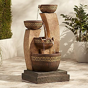 Four Bowl Modern Rustic Outdoor Cascading Floor Water Fountain with LED Light Faux Stone 41" for Yard Garden Patio Backyard Deck Home Lawn Porch House Exterior Balcony - John Timberland