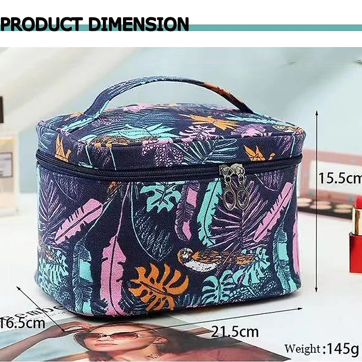 L&FY Cosmetic Bags For Women,Girls,Travel Makeup Organizer Portable Toiletry Bag With Handle,Large Capacity Skincare Bag (dark blue/Gran Leaf)