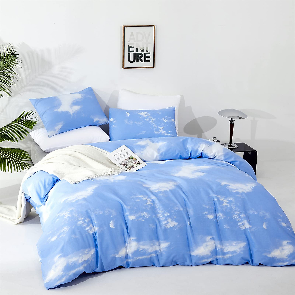 CLOTHKNOW Blue Cloud Full Comforter Set 3Pcs Blue White Bedding Comforter Sets Sky Comforter Soft Light Blue Full Size Comforter Sets
