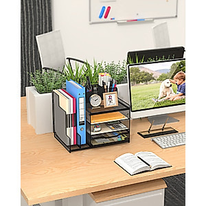 VIVSOL Desk Organizer with Mesh File Holder, 4-Tier Office Supplies Desk Organizers and Accessories with Sliding Drawers, 3 Trays & Pen Holder, Desk File Organizer and Storage for Office, School, Home