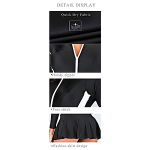 TeeYee Women Girls Swimsuit One Piece Long Sleeve Monokini Diving Swimwear Padded with Ruched Falbala Skirt UV-Protective (M, Black)