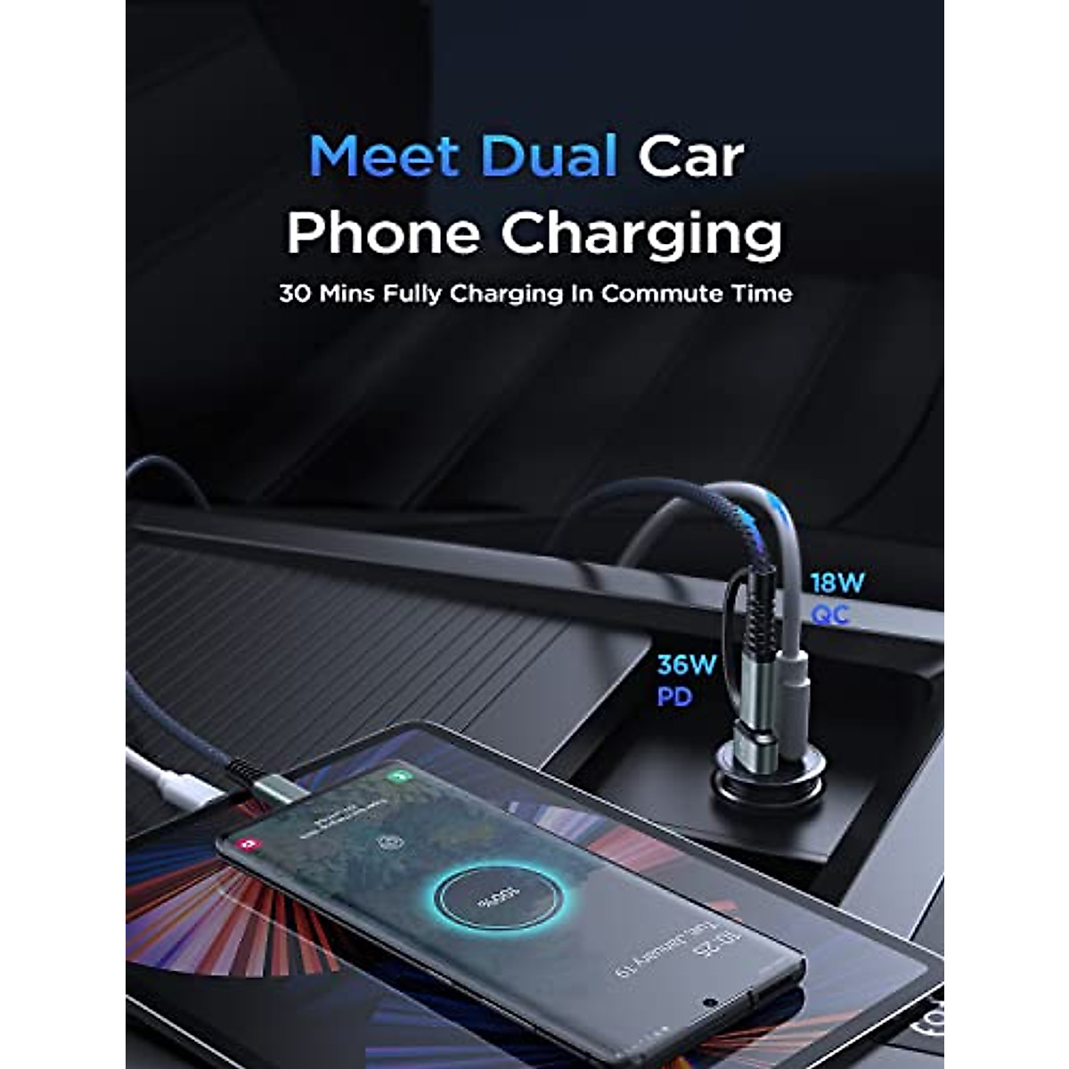 54W USB C Car Charger Fast Charge, AINOPE Super Fast Cigarette Lighter USB Charger Adapter Dual Port PD&QC 3.0 Car Charger USB Fast Charging Compatible with iPhone 14 13 Samsung Galaxy iPad